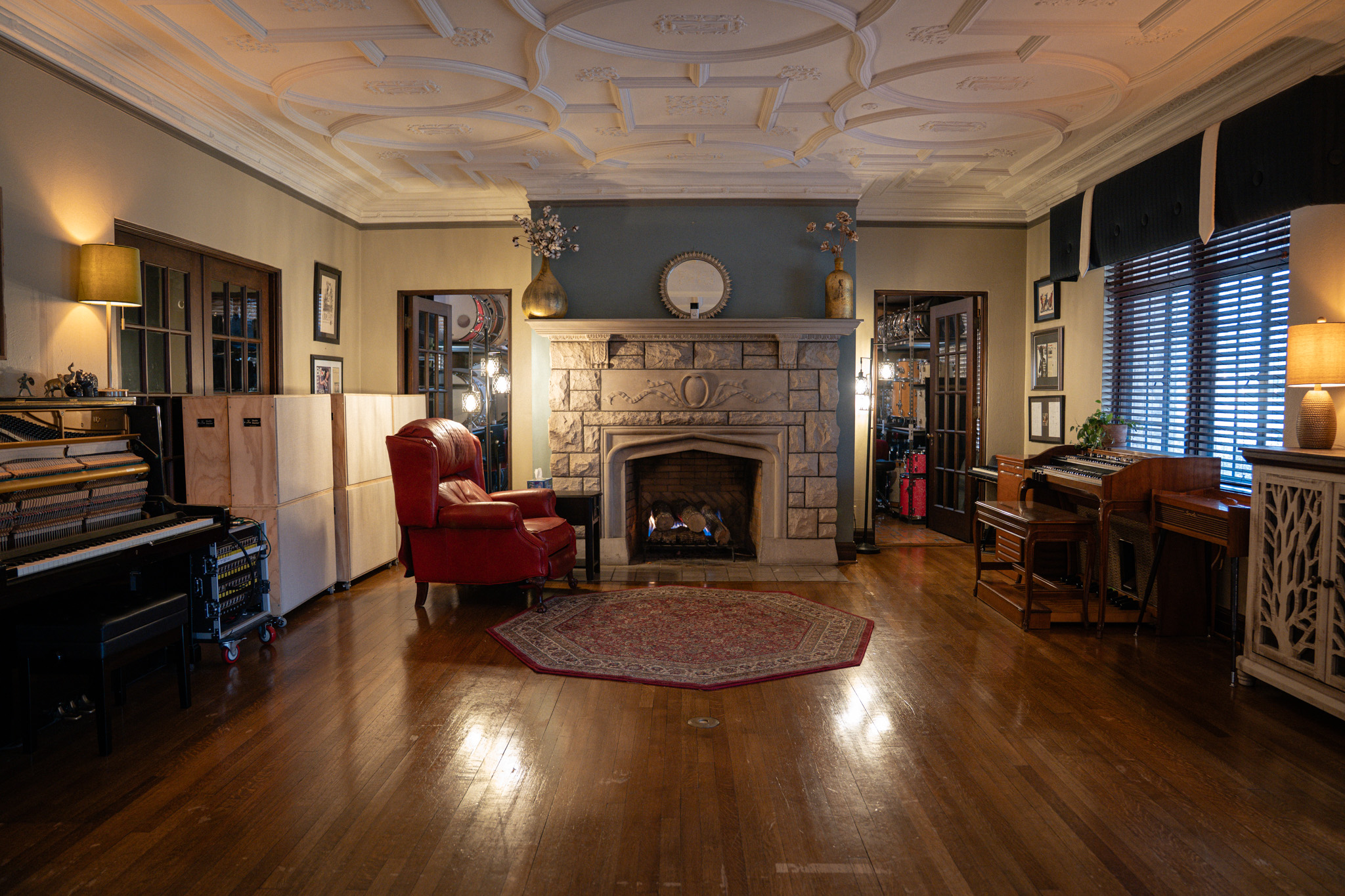 Main tracking room with fireplace and instruments